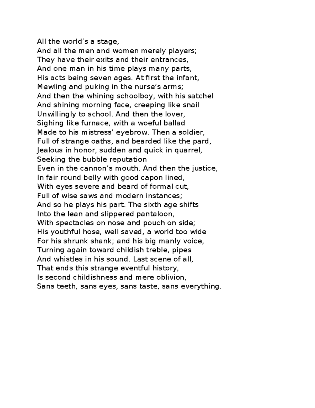 Seven ages of Man - All the world’s a stage, And all the men and women ...