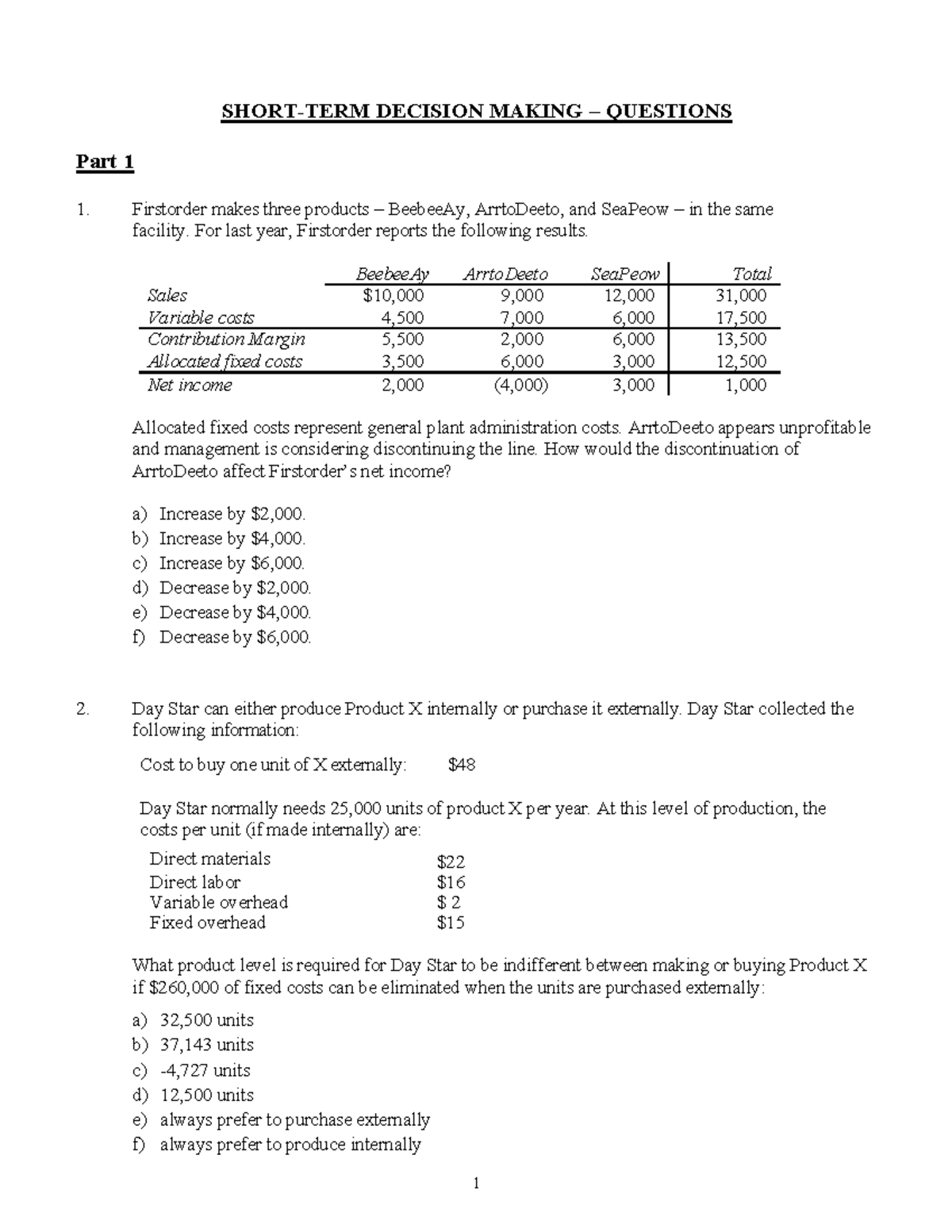 2 Short-term Decision Making Questions - SHORT-TERM DECISION MAKING ...