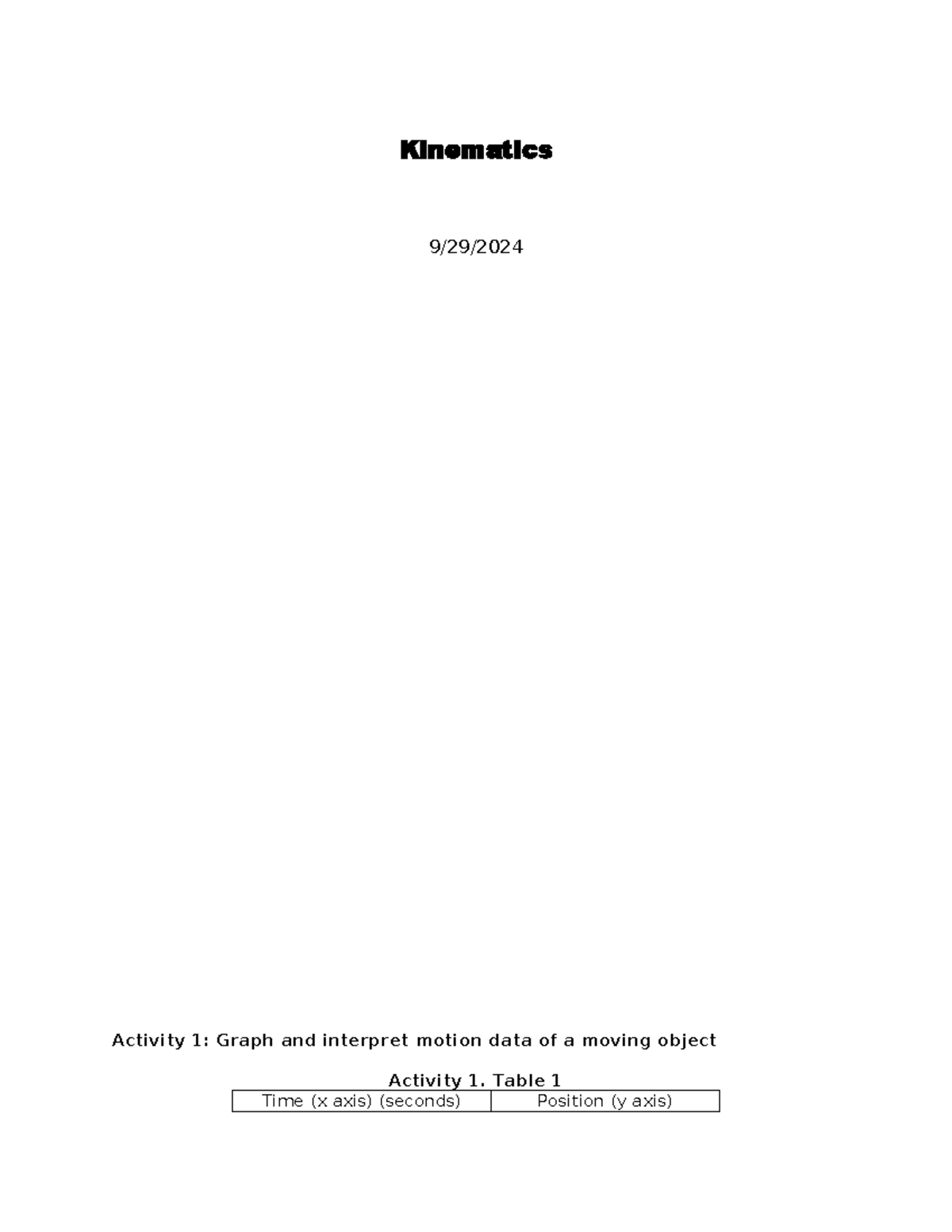PHY-150 M2 Kinematics Lab Report - Kinematics 9/29/ Activity 1: Graph and interpret motion data ...