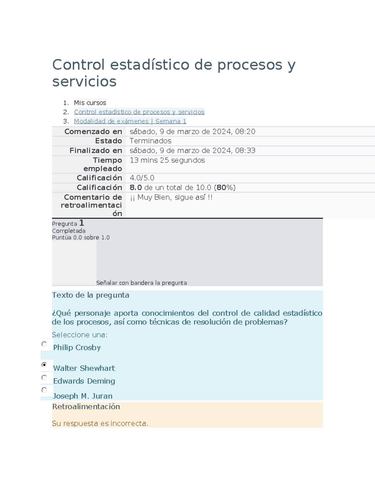 Exa sem 1 Control estadístico de procesos y servicios - Control estadístico de procesos y ...