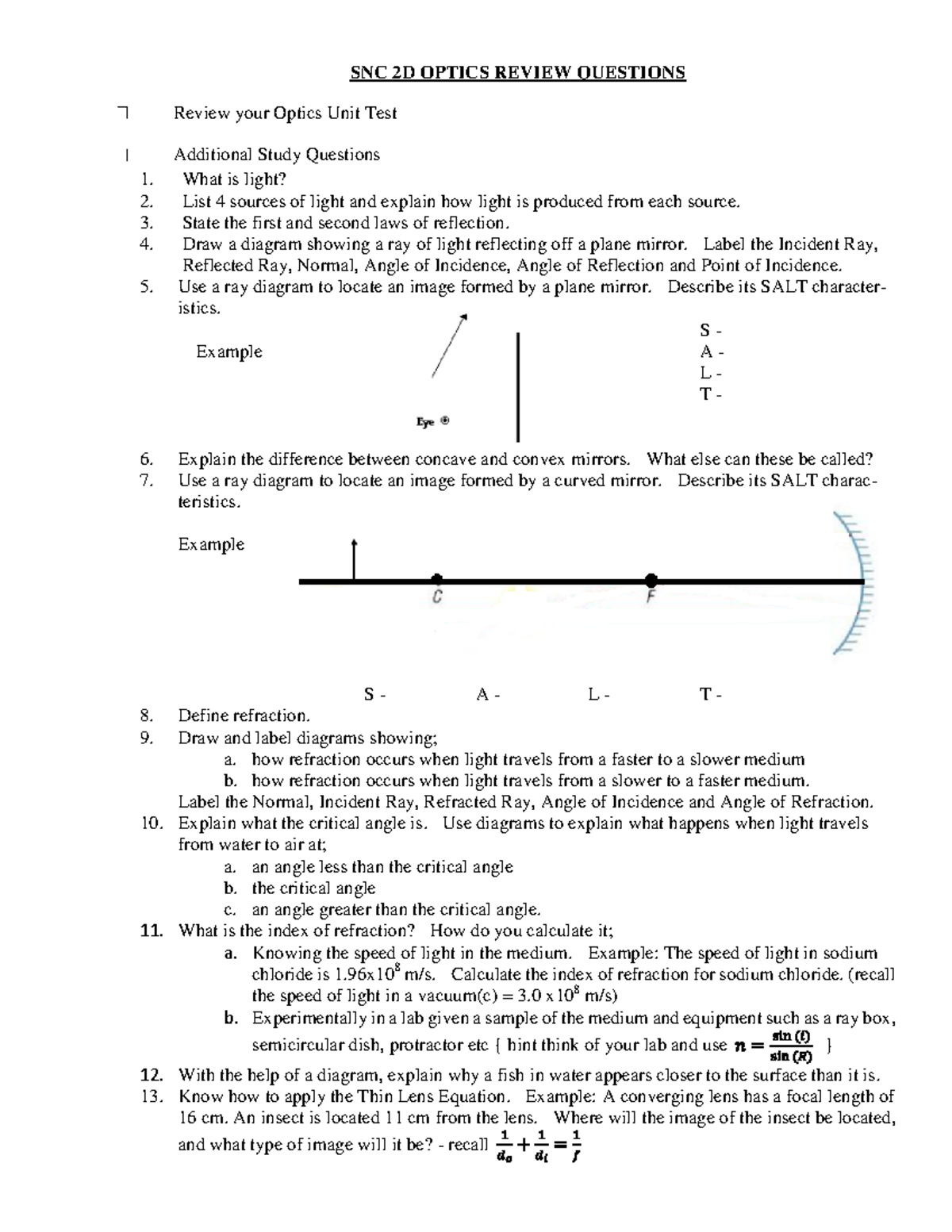 Final exam optics review - SNC 2D OPTICS REVIEW QUESTIONS Review your ...