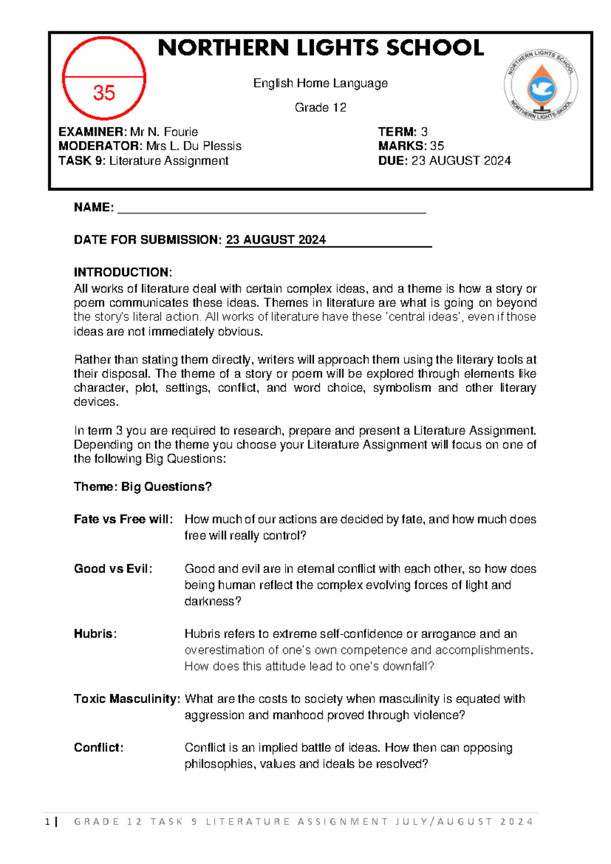 GRADE 12 TASK 9 LITERATURE ASSIGNMENT FOR TERM 3 BASED ON POETRY AND ...