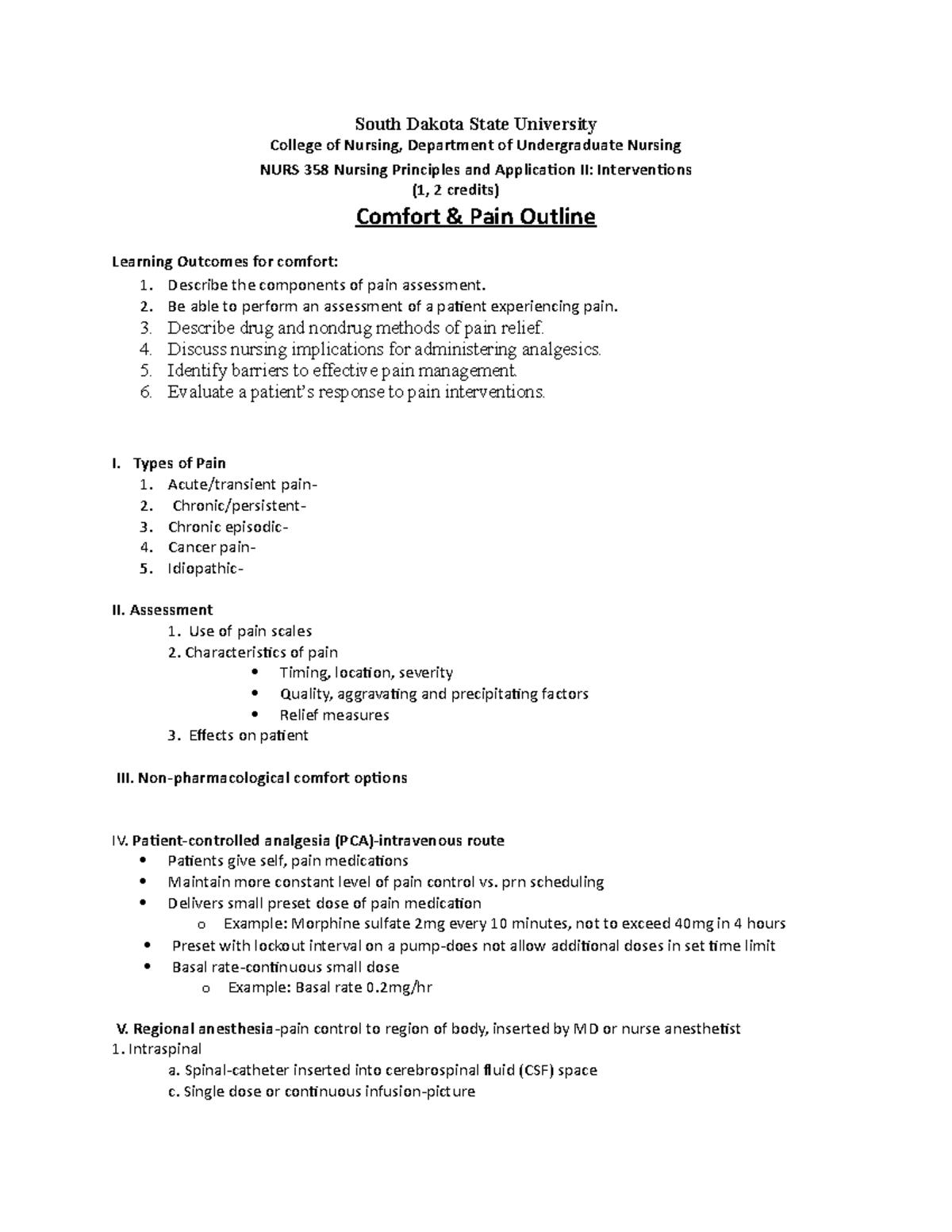 Comfort Measures Outline - South Dakota State University College of ...