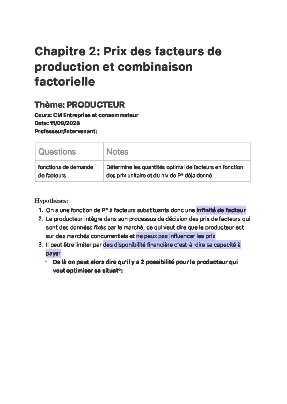 Chapitre 2 Prix des facteurs de production et combinaison factorielle ...