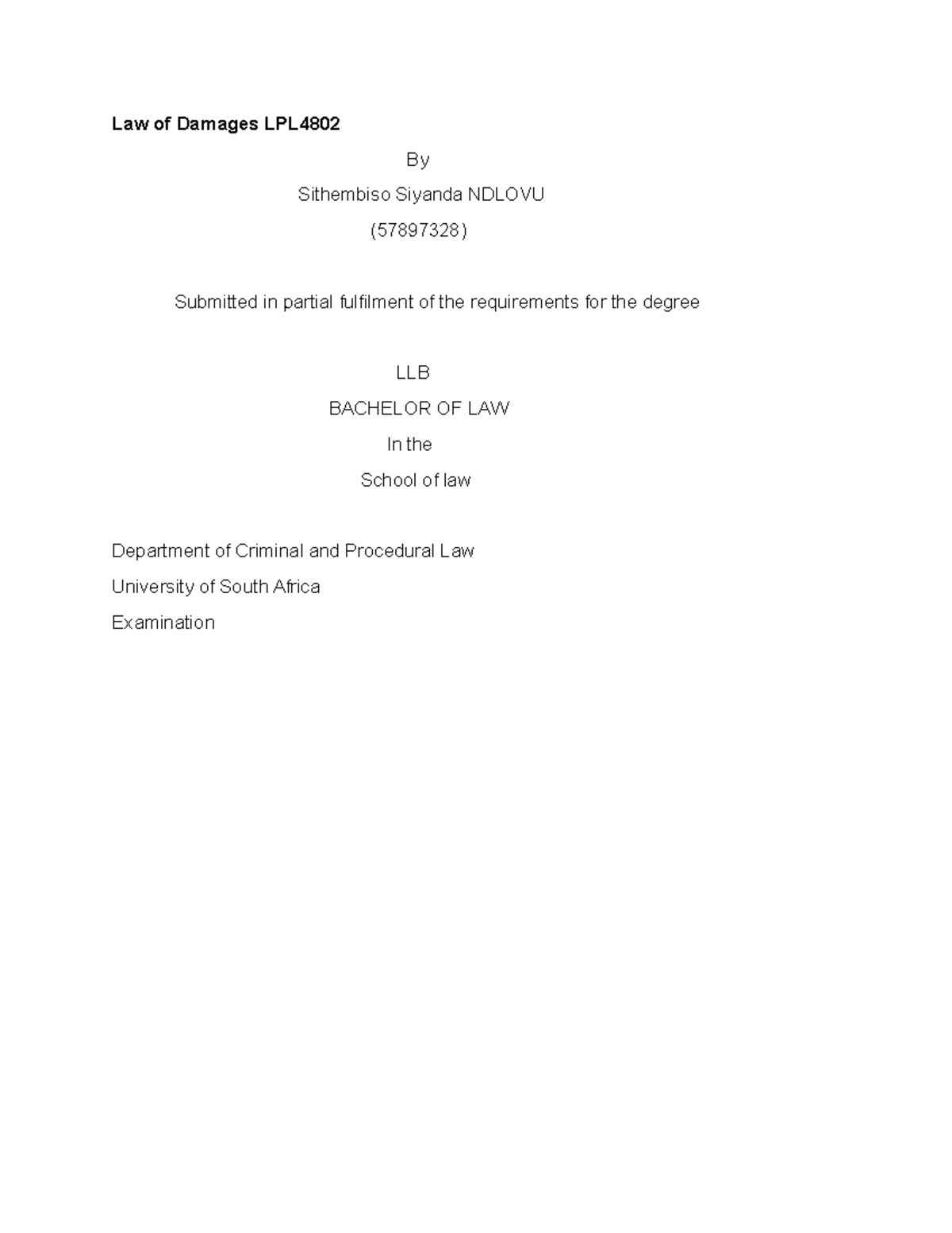 Law of Damages LPL4802 - essay - Law of Damages LPL By Sithembiso ...