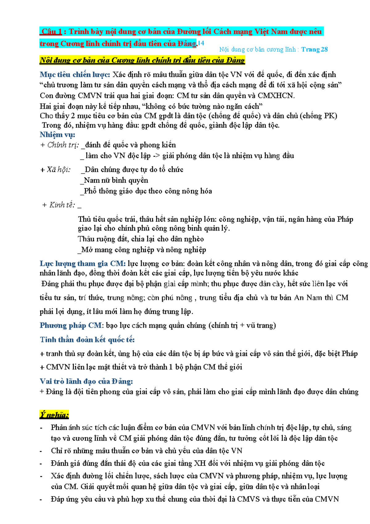 Đề cương Lịch sử Đảng- Lin - Câu 1 : Trình bày nội dung cơ bản của ...