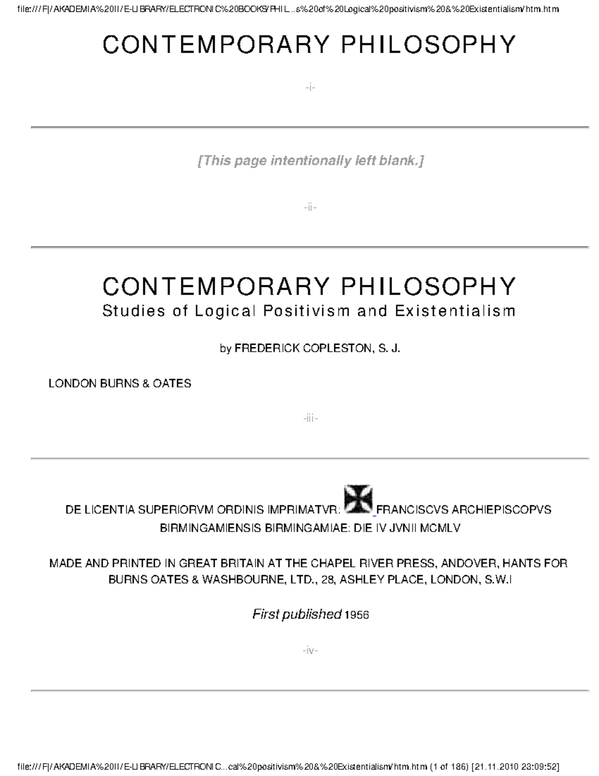 Contemporary Philosophy Studies of Logical Positivism and Existentialism by Frederick Copleston ...