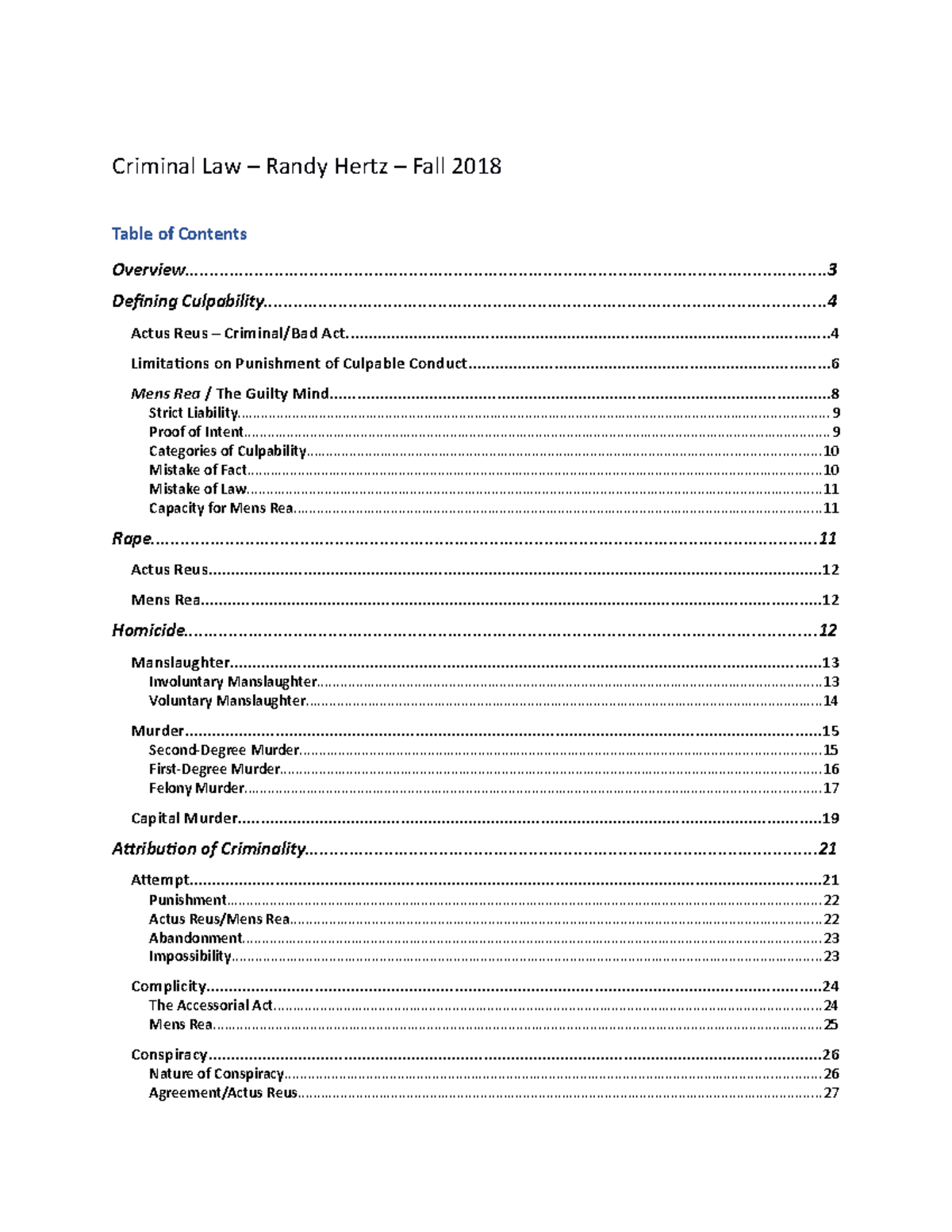 Crim Hertz Outline - Table of Contents Criminal Law – Randy Hertz ...