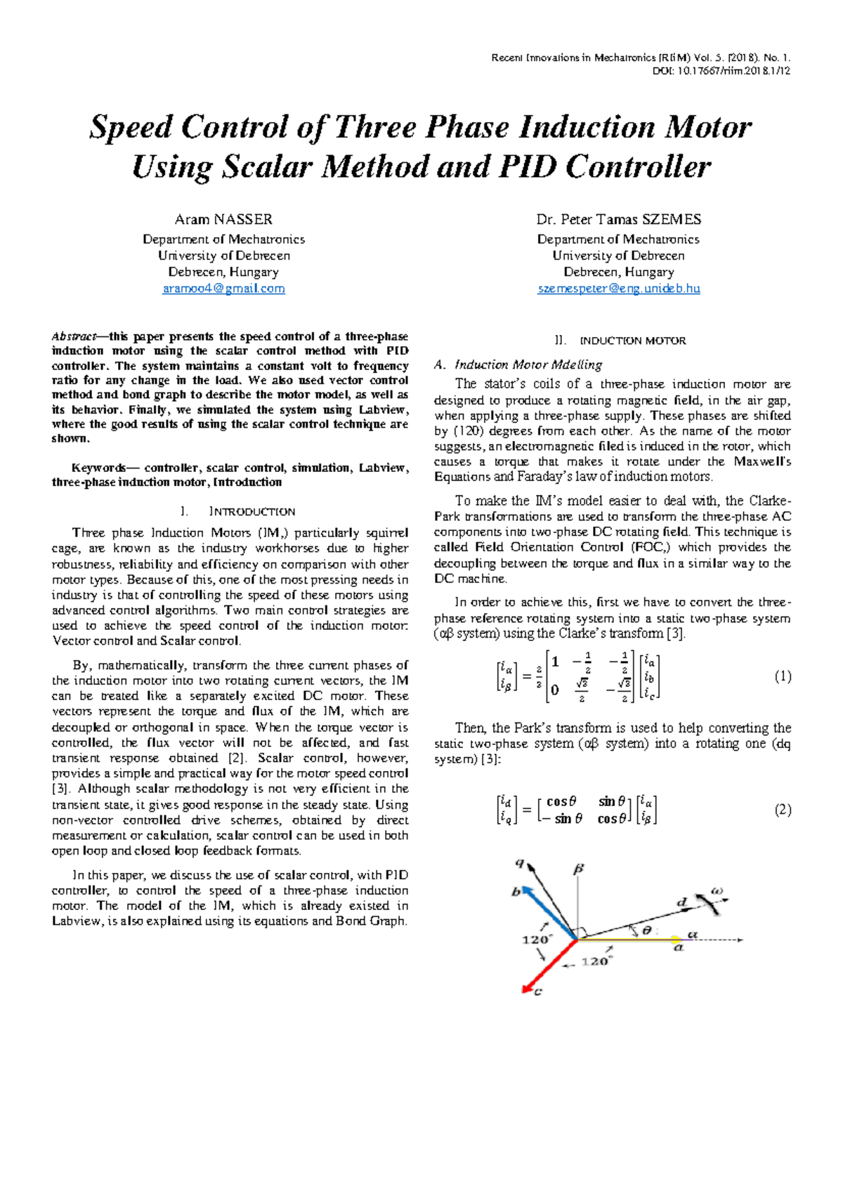 Speed Control of Three Phase Induction Motor Using Scalar Method and PID Controller - DOI: - Studocu