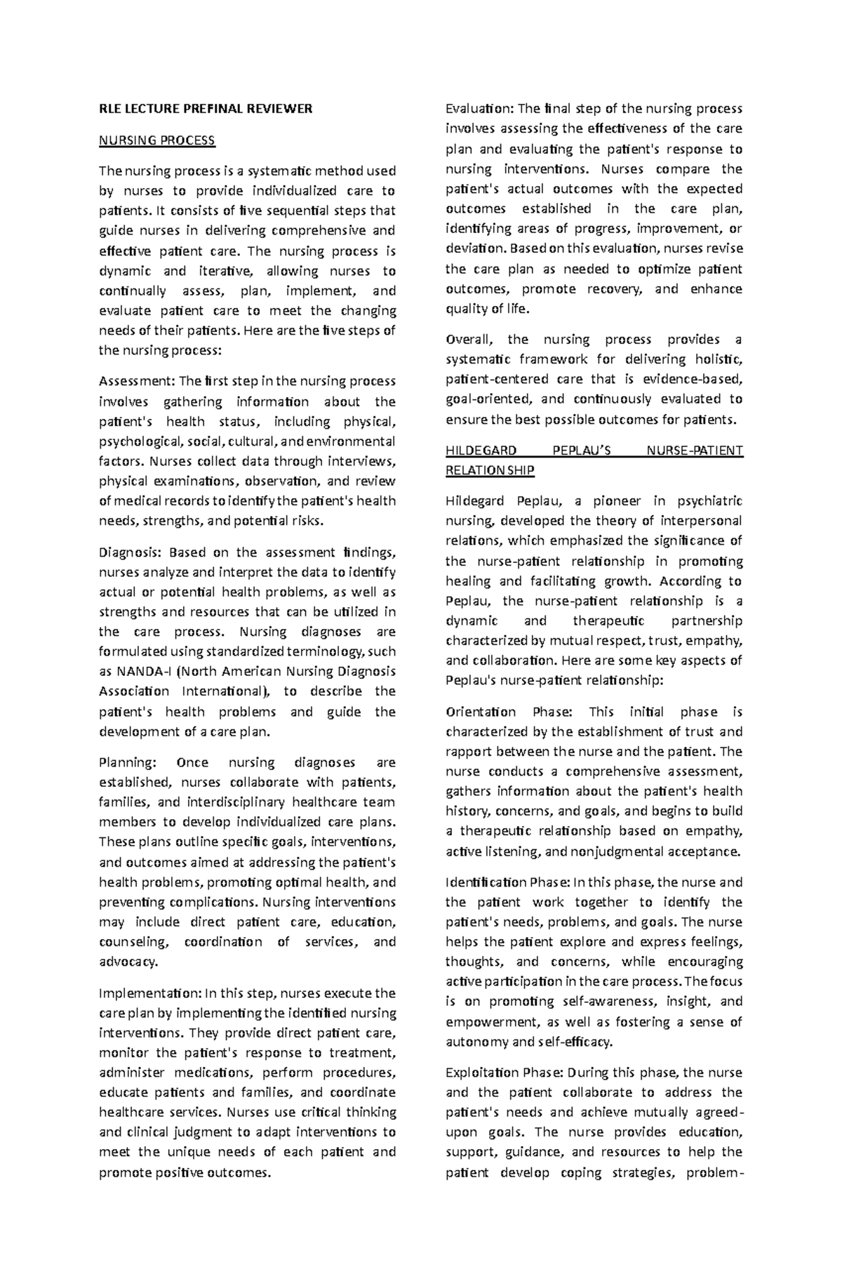 RLE Lecture Prefinal Reviewer - RLE LECTURE PREFINAL REVIEWER NURSING ...