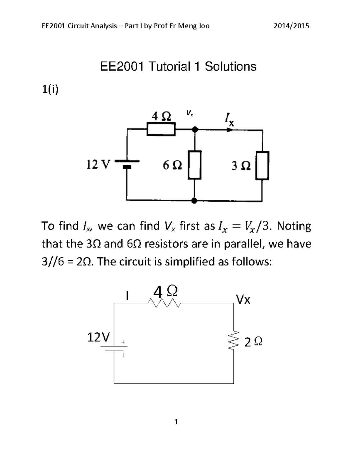 EE2001 T1 Solutions - EE2001 Circuit Analysis – Part I by Prof Er Meng Joo 2014/2015 EE2001 ...
