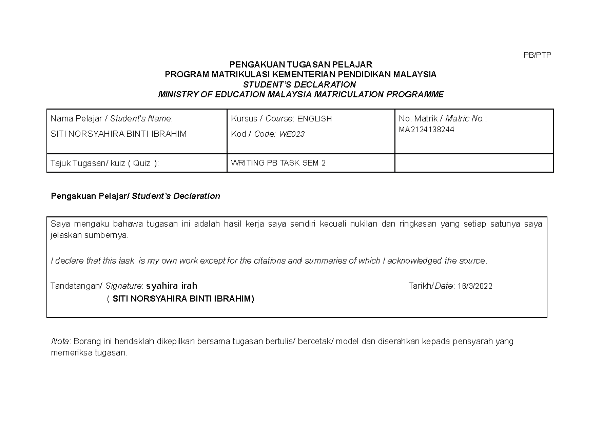 PB declaration form Syahira ibrahim - PB/PTP PENGAKUAN TUGASAN PELAJAR ...