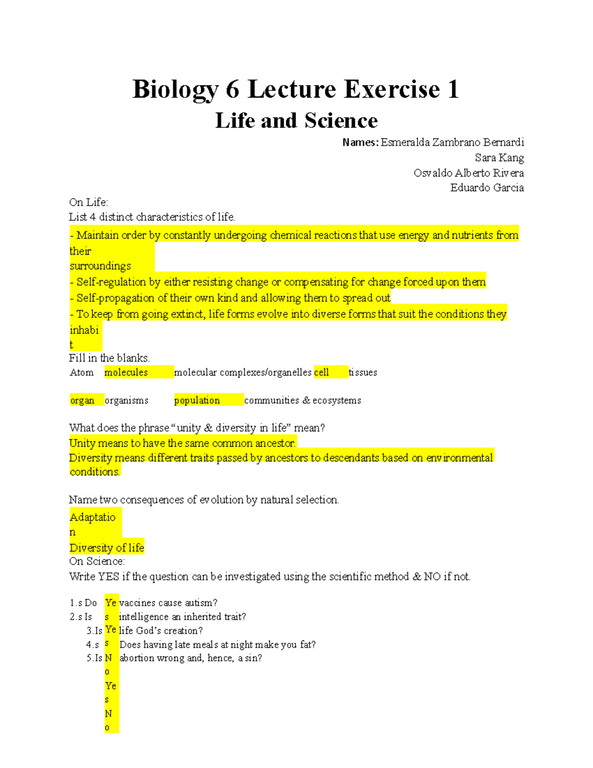 Biology 6 Lecture Exercise 1 - Biology 6 Lecture Exercise 1 Life and Science Names: Esmeralda ...