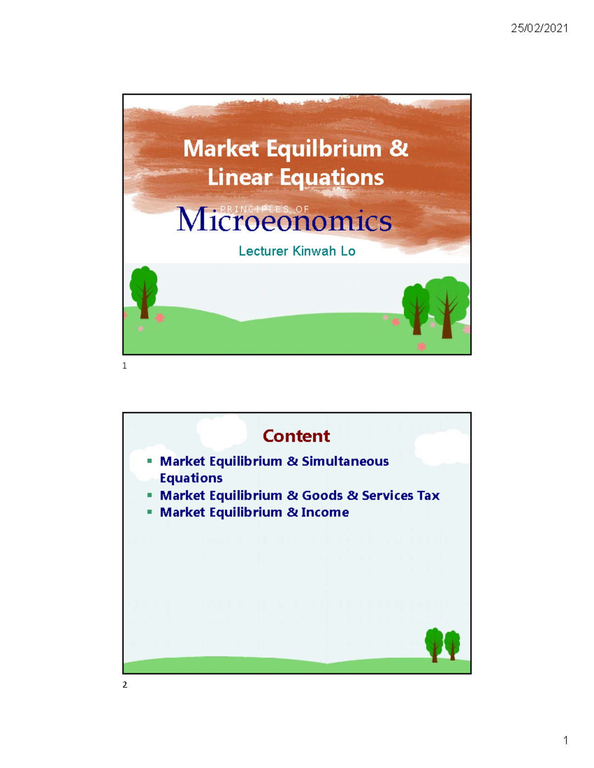 2.5 - Market Equilibrium & Linear Equations - Market Equilbrium & Linear Equations Microeonomics ...