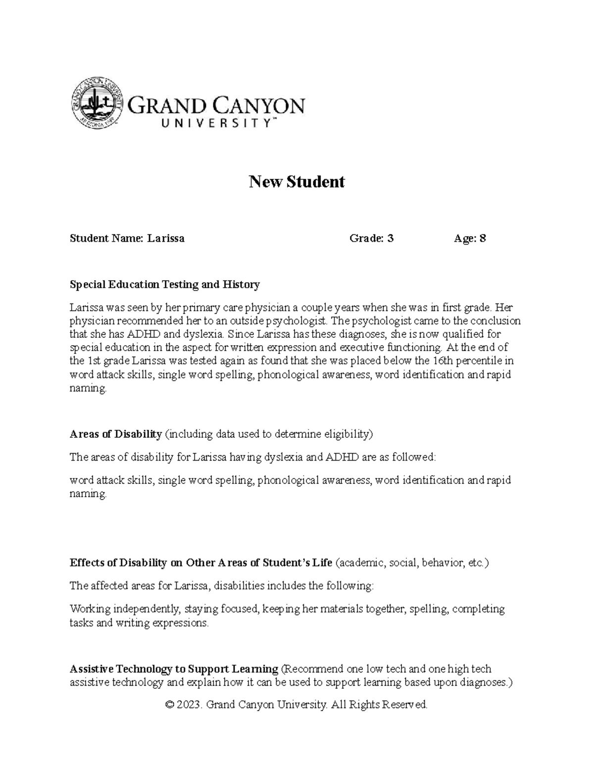 SPD-208 RS T6 New Student - New Student Student Name: Larissa Grade: 3 ...