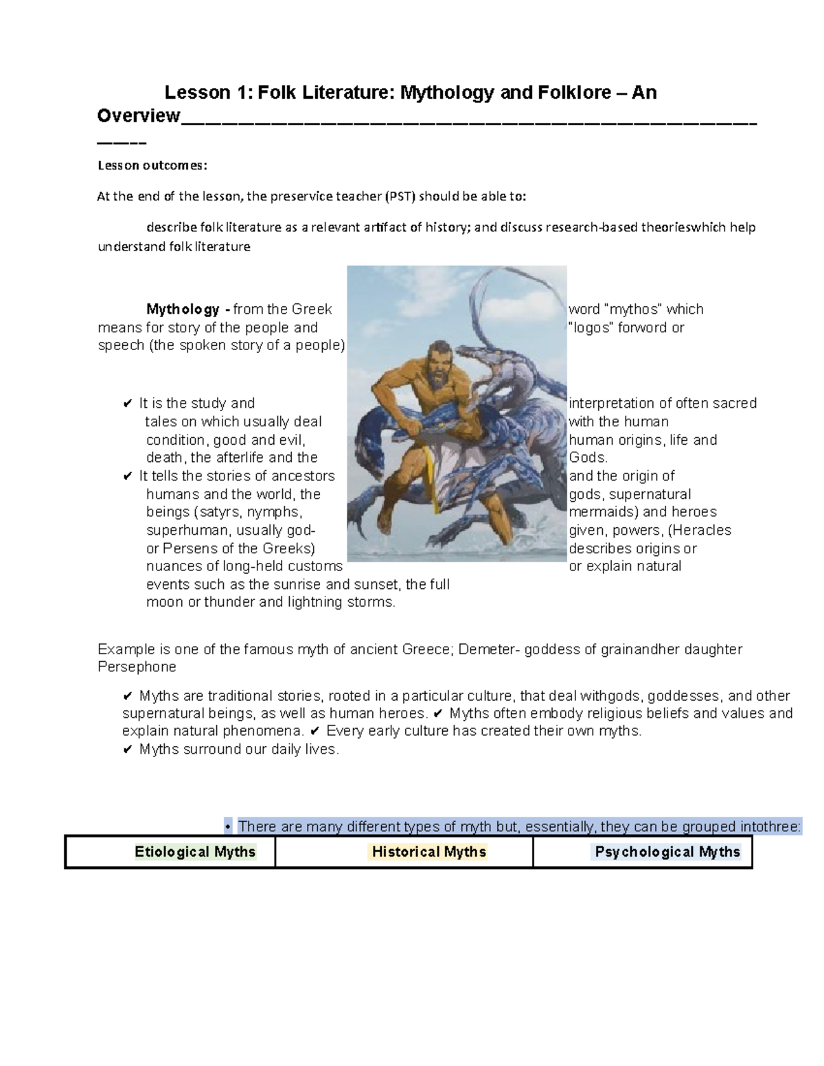 Lesson 1 Mythology PART 1 - Lesson 1: Folk Literature: Mythology and ...
