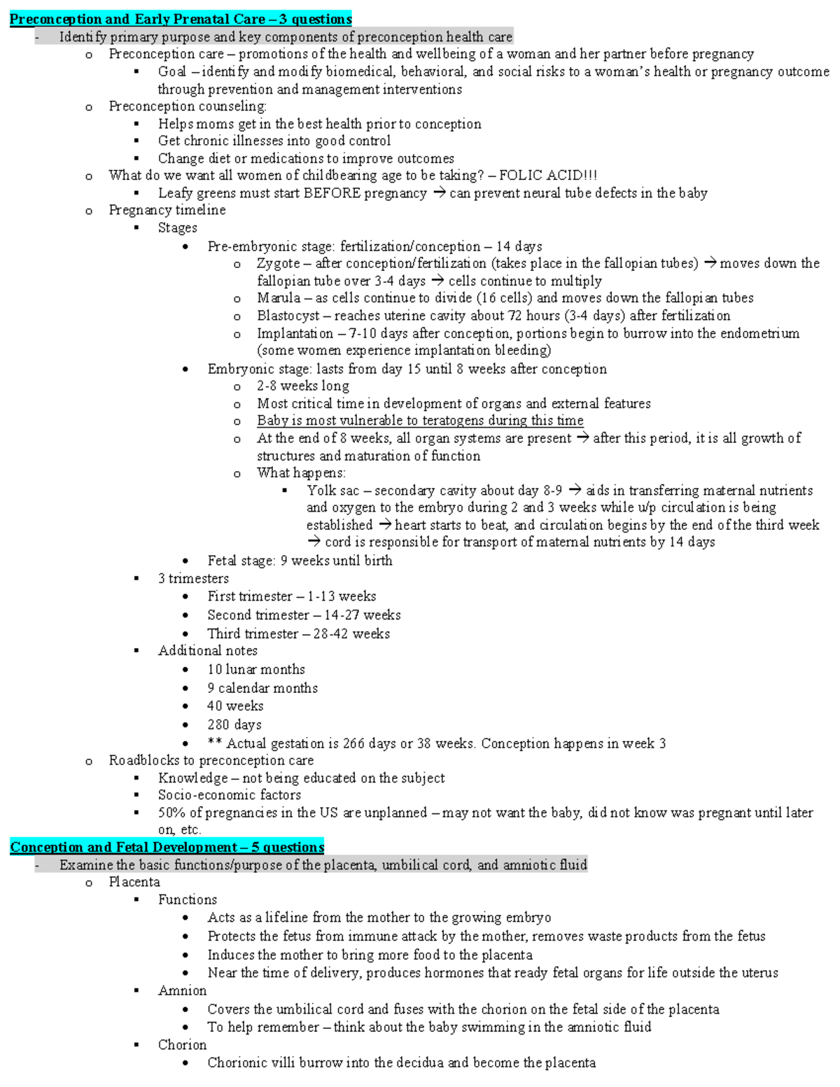 OB exam 1 notes - Preconception and Early Prenatal Care – 3 questions ...
