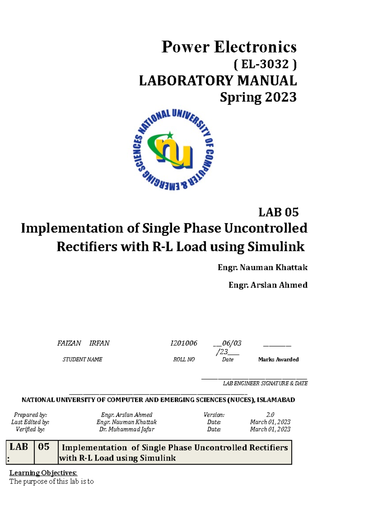 PE Lab 05 Spring 2023 - yes - Power Electronics ( EL-3032 ) LABORATORY MANUAL Spring 2023 LAB 05 ...
