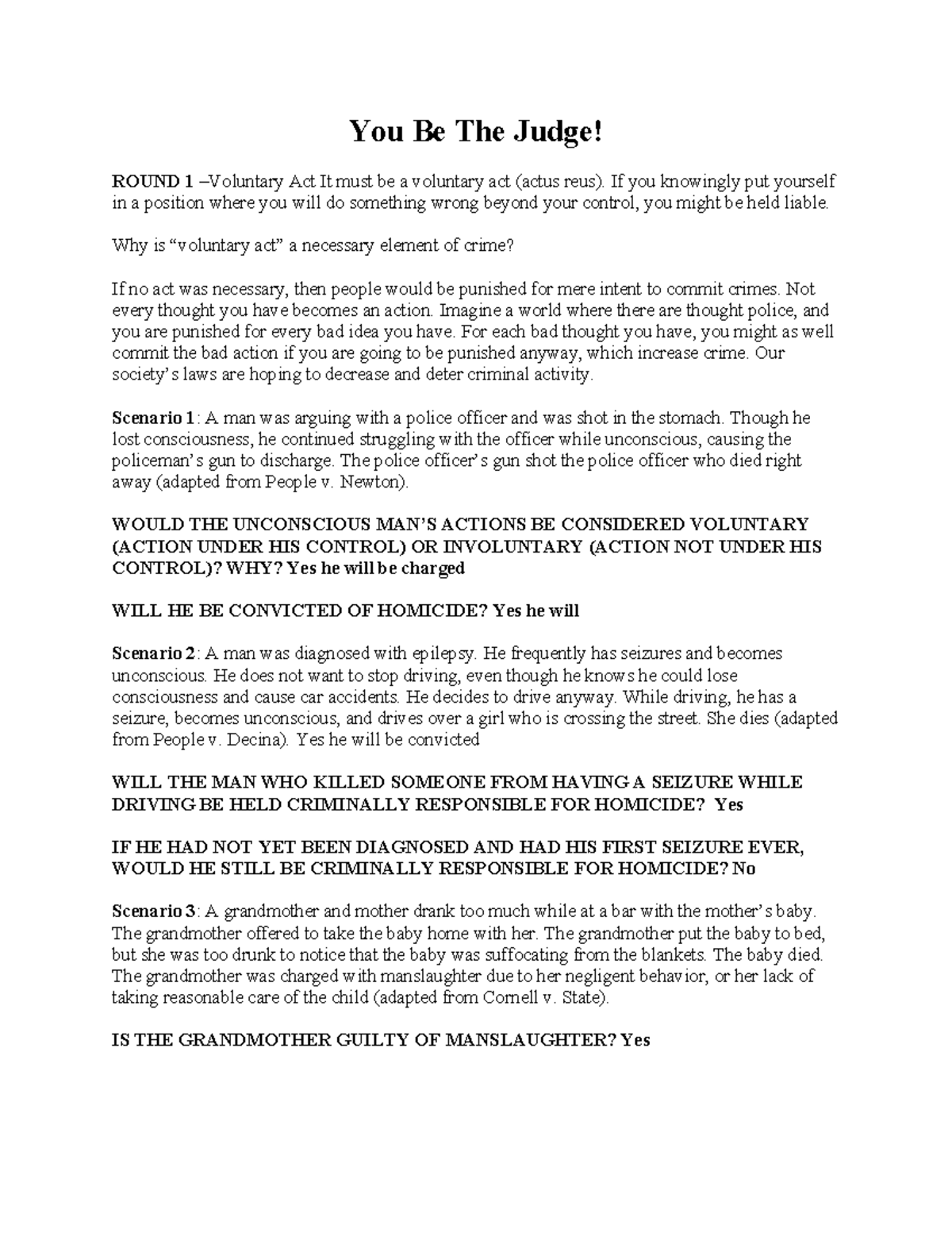 You Be The Judge Criminal Intent - You Be The Judge! ROUND 1 –Voluntary ...