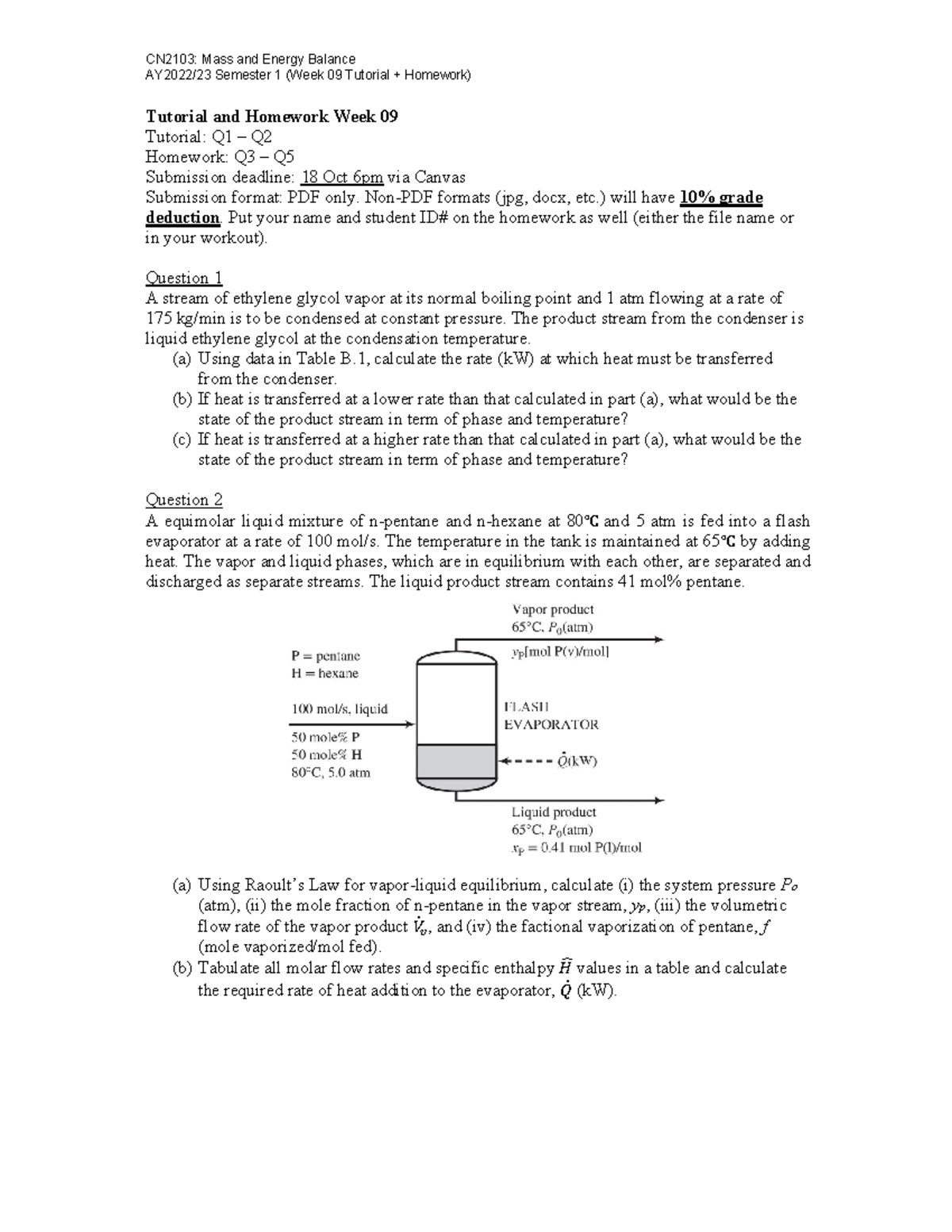 CN2103 Tutorial and Homework Week 9 - CN2103: Mass and Energy Balance AY2022/23 Semester 1 (Week ...