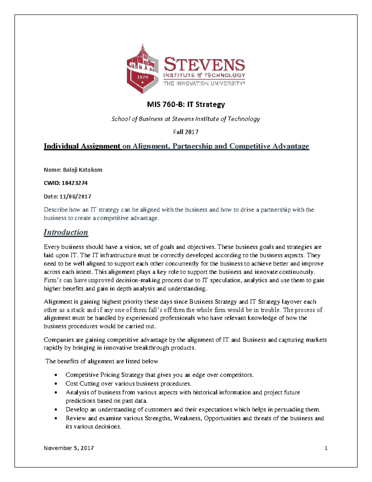 Alignment of IT Strategy with Business for Competitive Advantage - Studocu