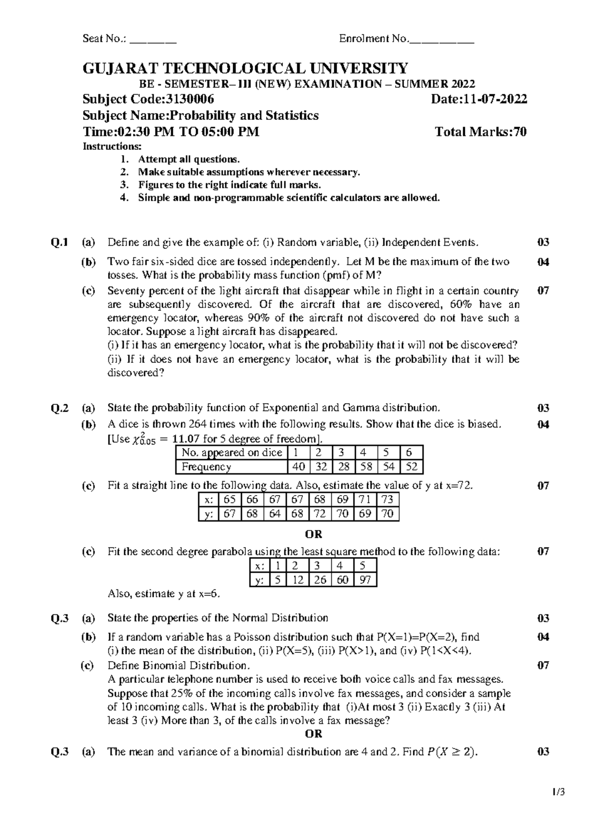 3130006 BE Summer 2022 - paper - 1/ Seat No.: ________ Enrolment No ...