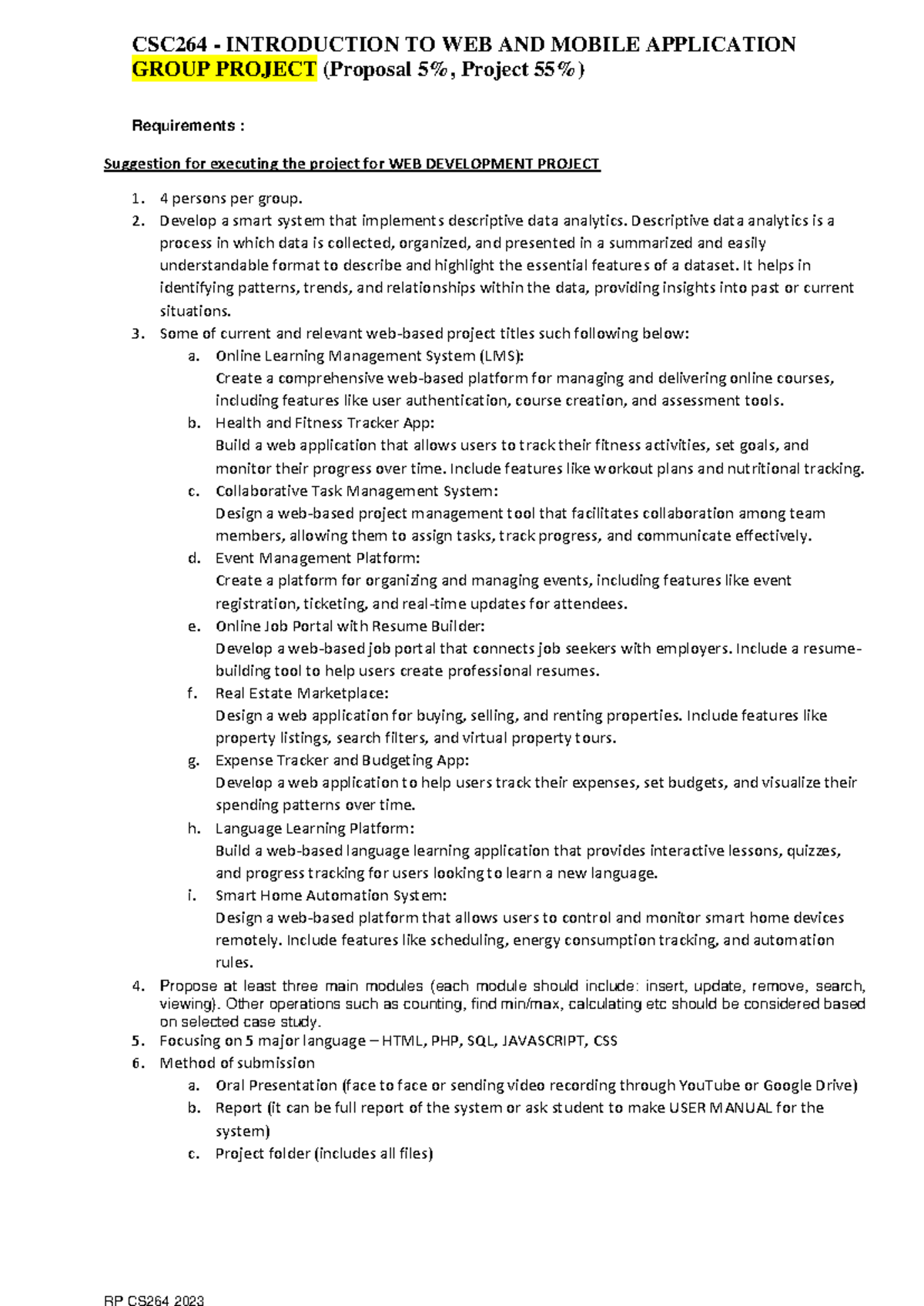 Jan 2024 Group Project Guidelines CSC264 - CSC264 - INTRODUCTION TO WEB AND MOBILE APPLICATION ...