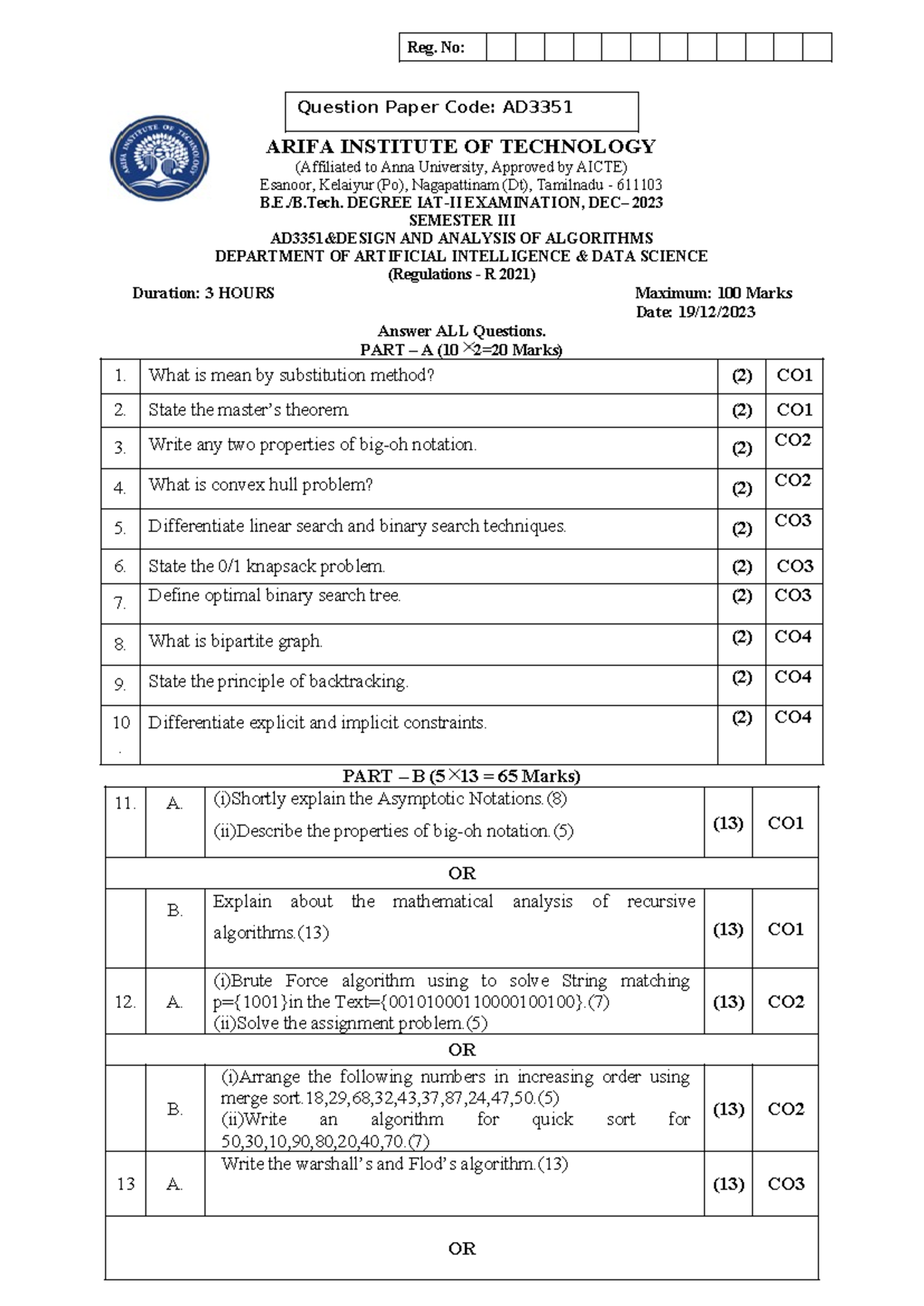IAT 2-DAA QP 1 - useful - Question Paper Code: AD ARIFA INSTITUTE OF ...