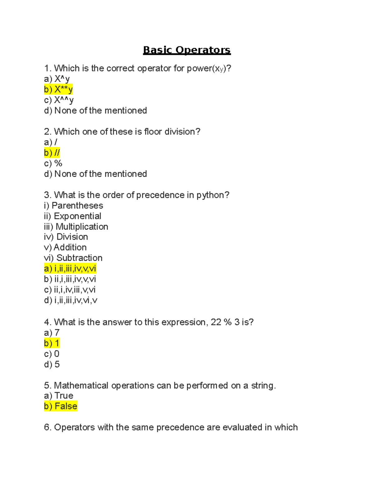Final revision - .kn - Basic Operators 1. Which is the correct operator ...