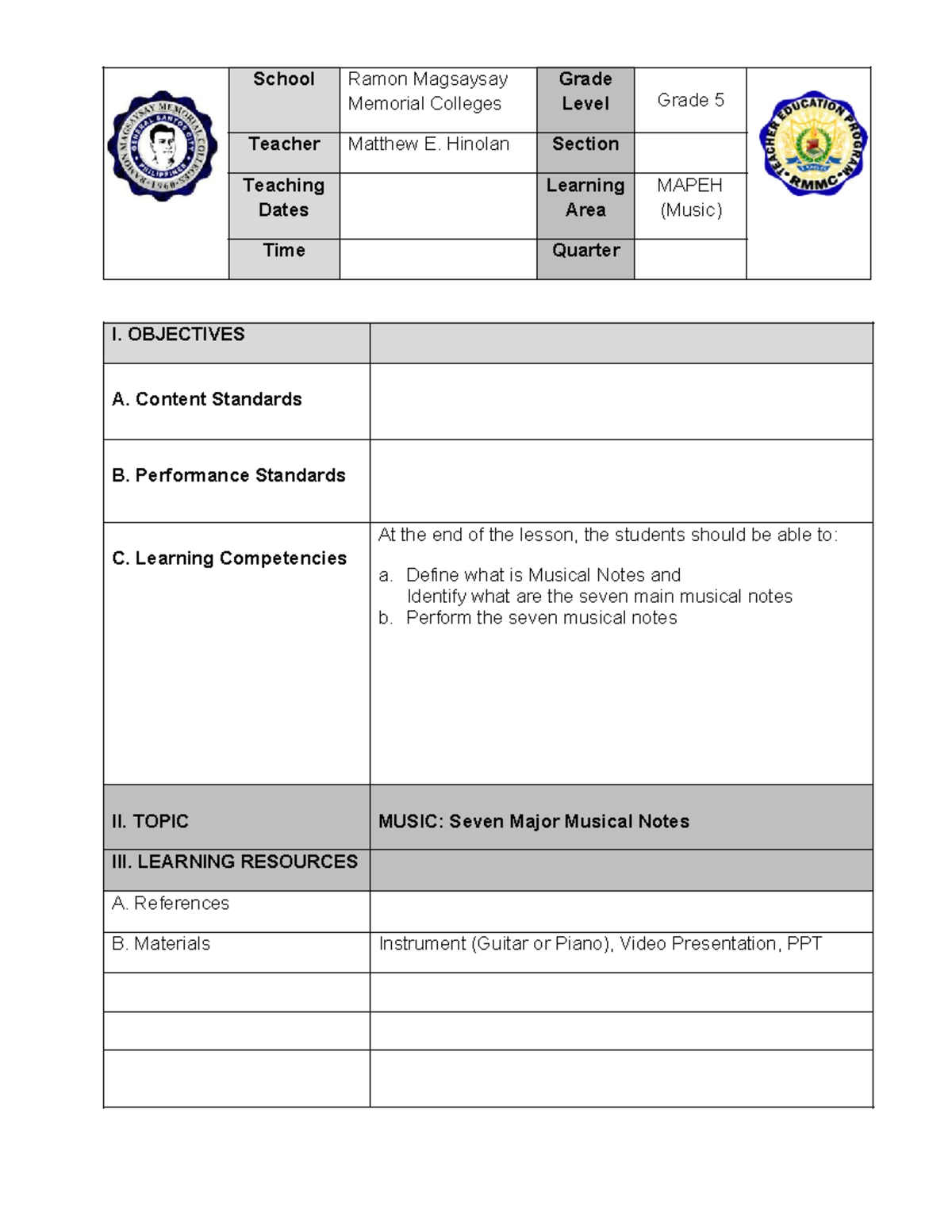 Hinolan-MATT- Music- Lesson-PLAN 2 - I. OBJECTIVES A. Content Standards ...