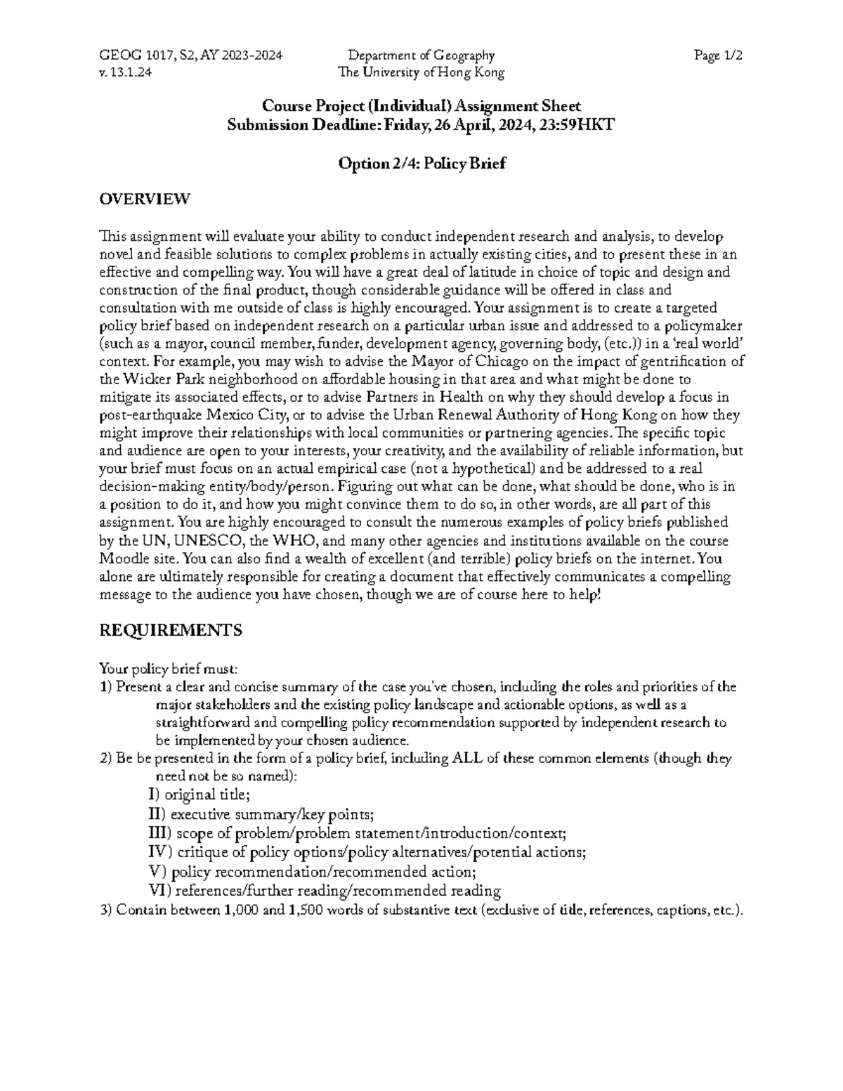 Assignment Sheet - GEOG 1017, S2, AY 2023-2024 Department of Geography ...