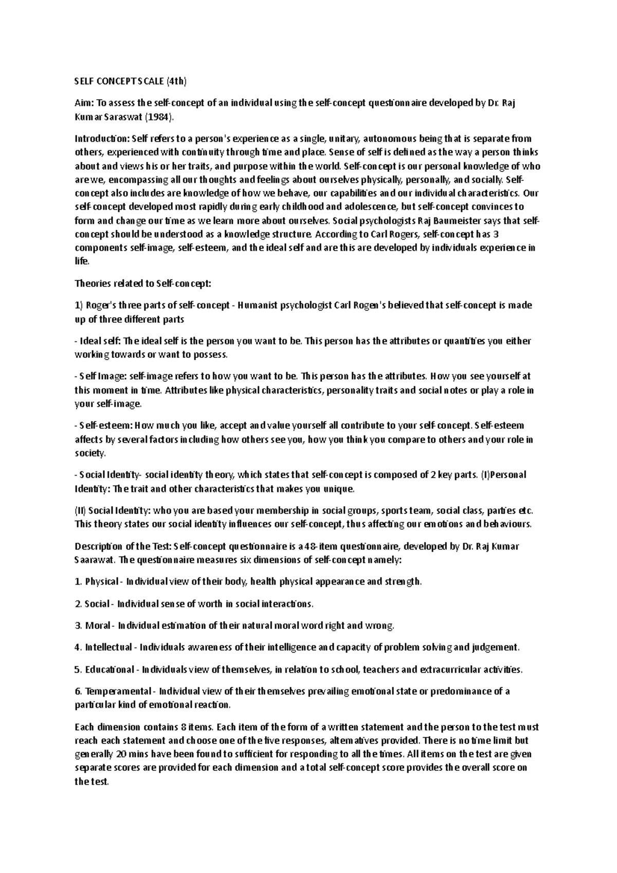 Practicale 4 - practical - SELF CONCEPT SCALE (4th) Aim: To assess the ...