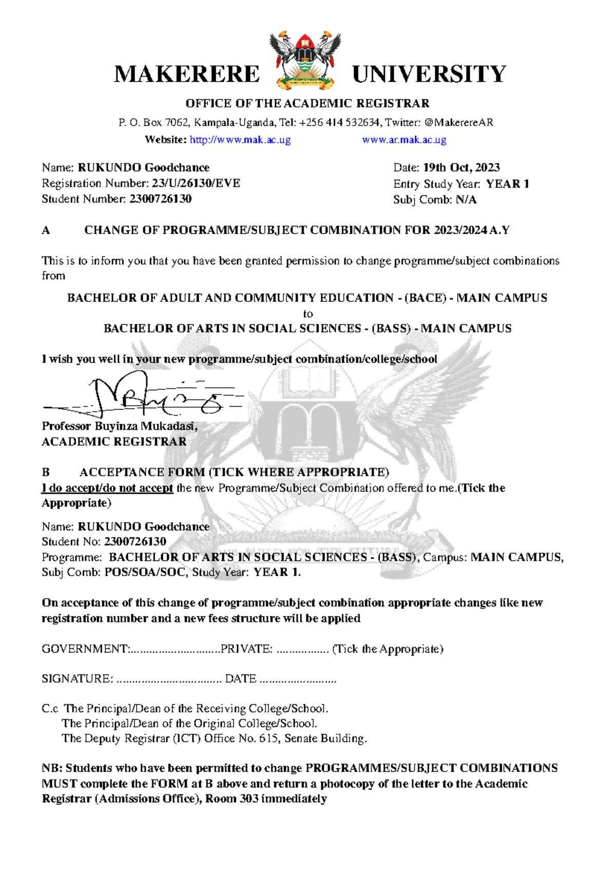 Acceptance- Letter-53 - MAKERERE UNIVERSITY OFFICE OF THE ACADEMIC ...