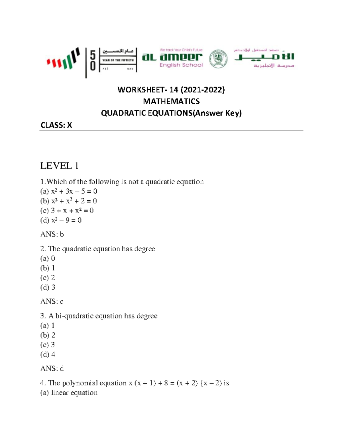G 10 Quadratic equation Answer KEY - MATHS class 10 cbse - Studocu