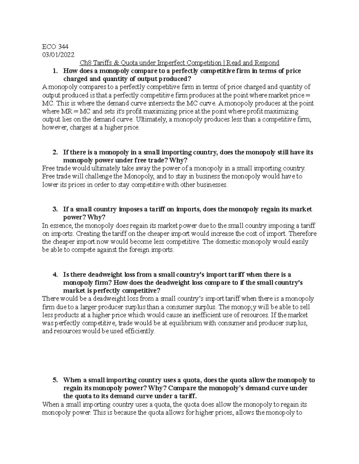 ECO 344-CH8 - Chapter 12 read and respond assignment (answering prompted questions) covering ...