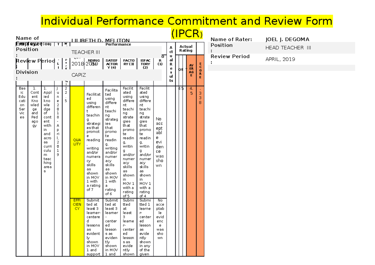 Ipcrf-GING2 2019 - yes - MF Os KRA 's OBJ ECTI VES T I M E - L I N E W ...