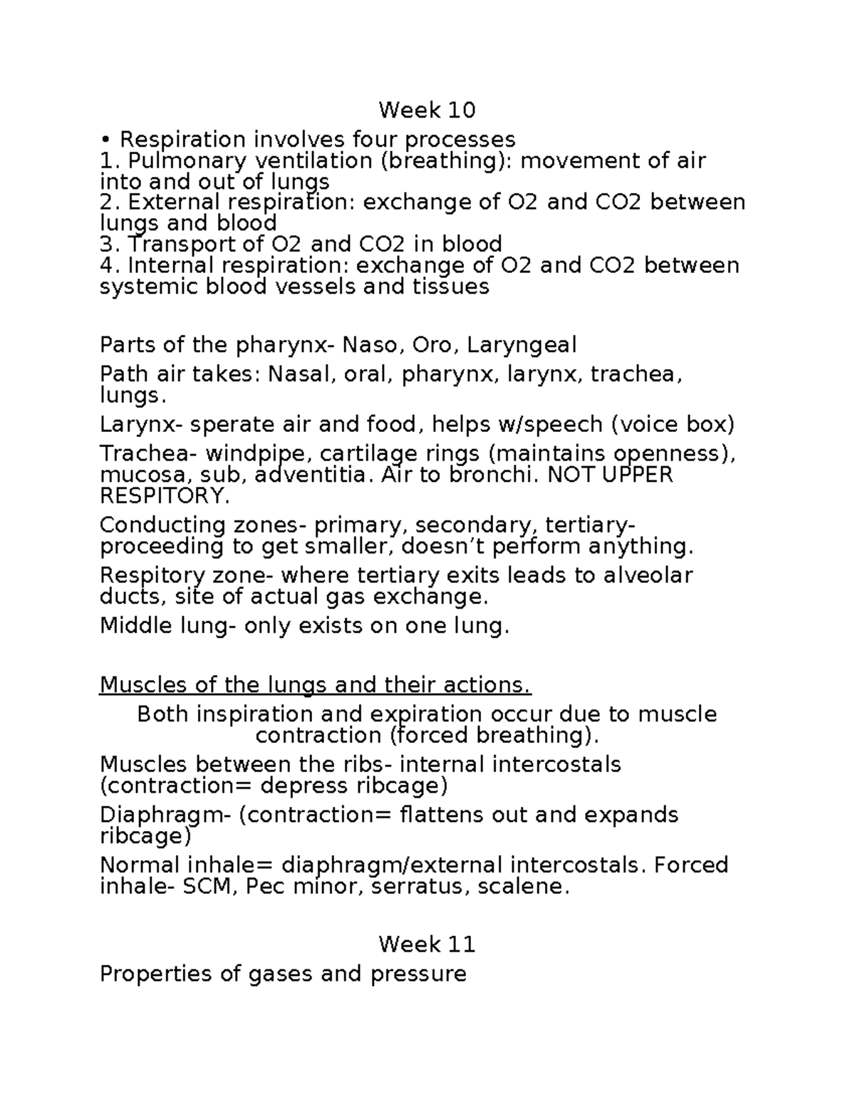 U3 Summary Notes W10,11,12 - Week 10 Respiration involves four ...