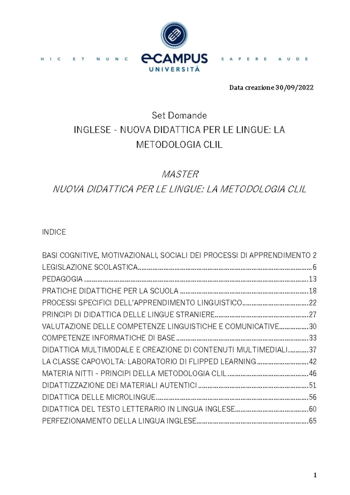 1) CLIL- Inglese (con risposte per esame) - Data creazione 30/09/ Set Domande INGLESE - NUOVA ...