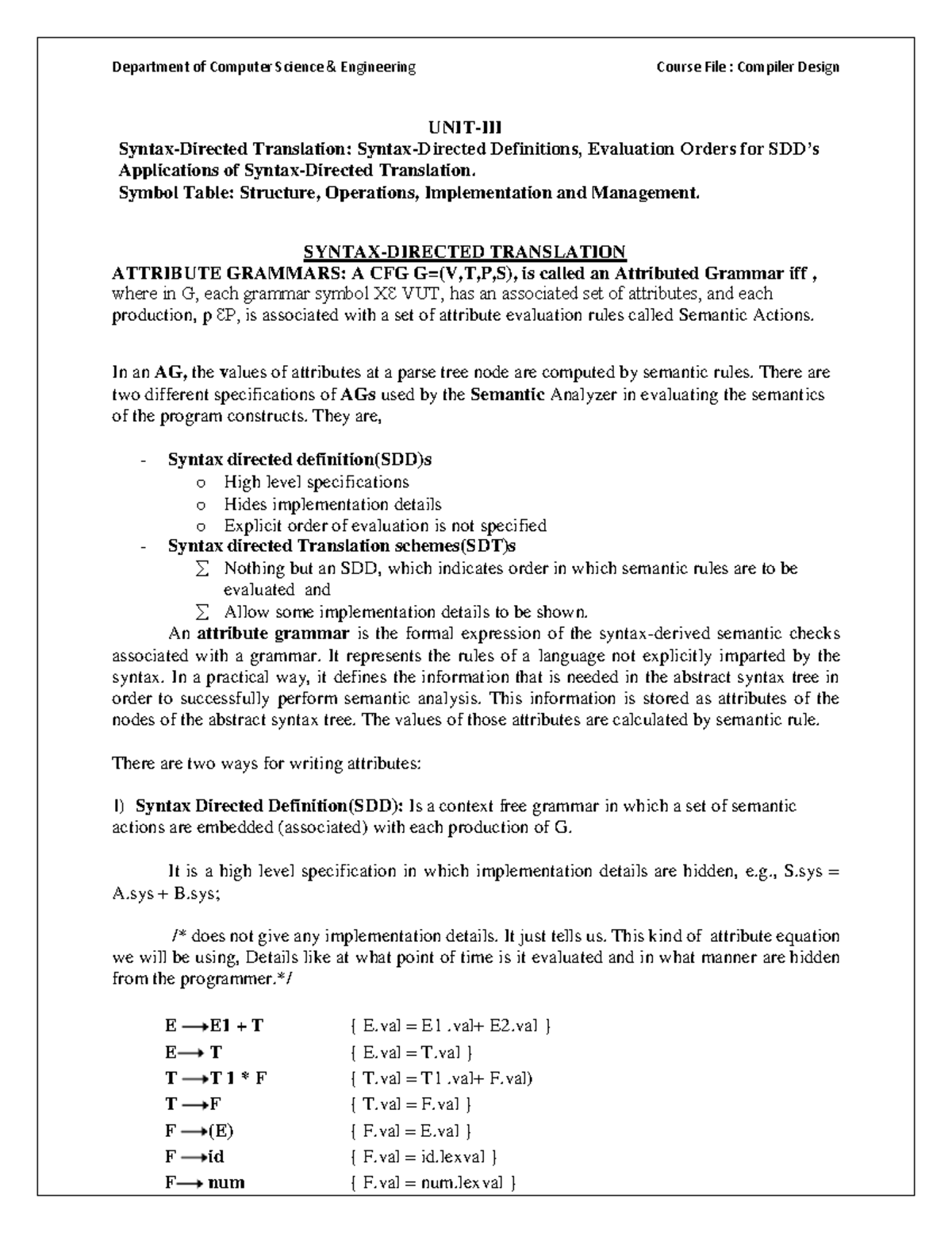 CD unit-3 - UNIT-III Syntax-Directed Translation: Syntax-Directed ...