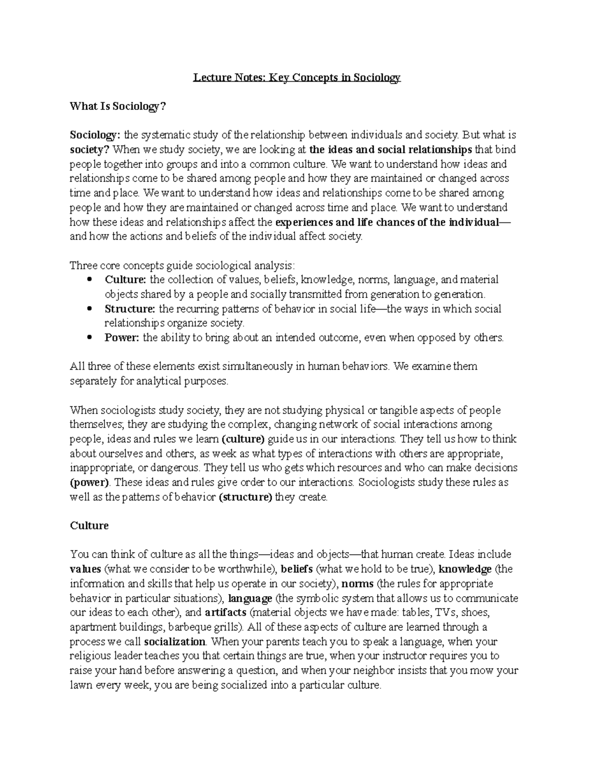 All Notes and Readings - Lecture Notes: Key Concepts in Sociology What ...