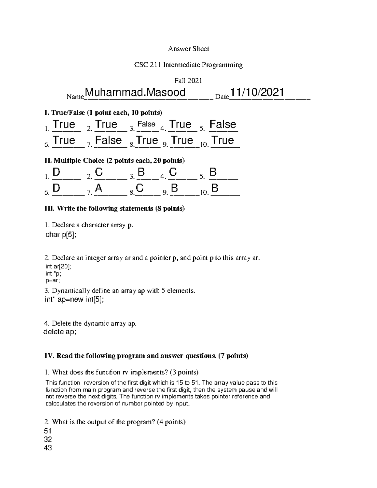 Answer Sheet - final exam - Answer Sheet CSC 211 Intermediate ...