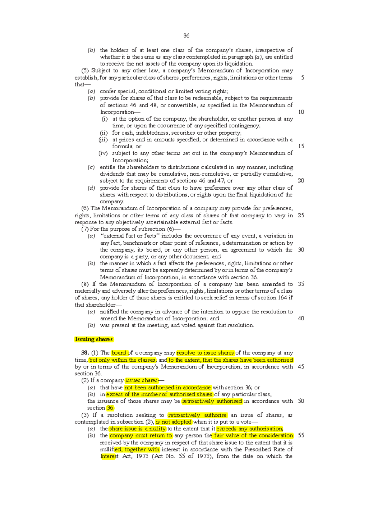 Companies act sec 38-46 - (b) the holders of at least one class of the ...