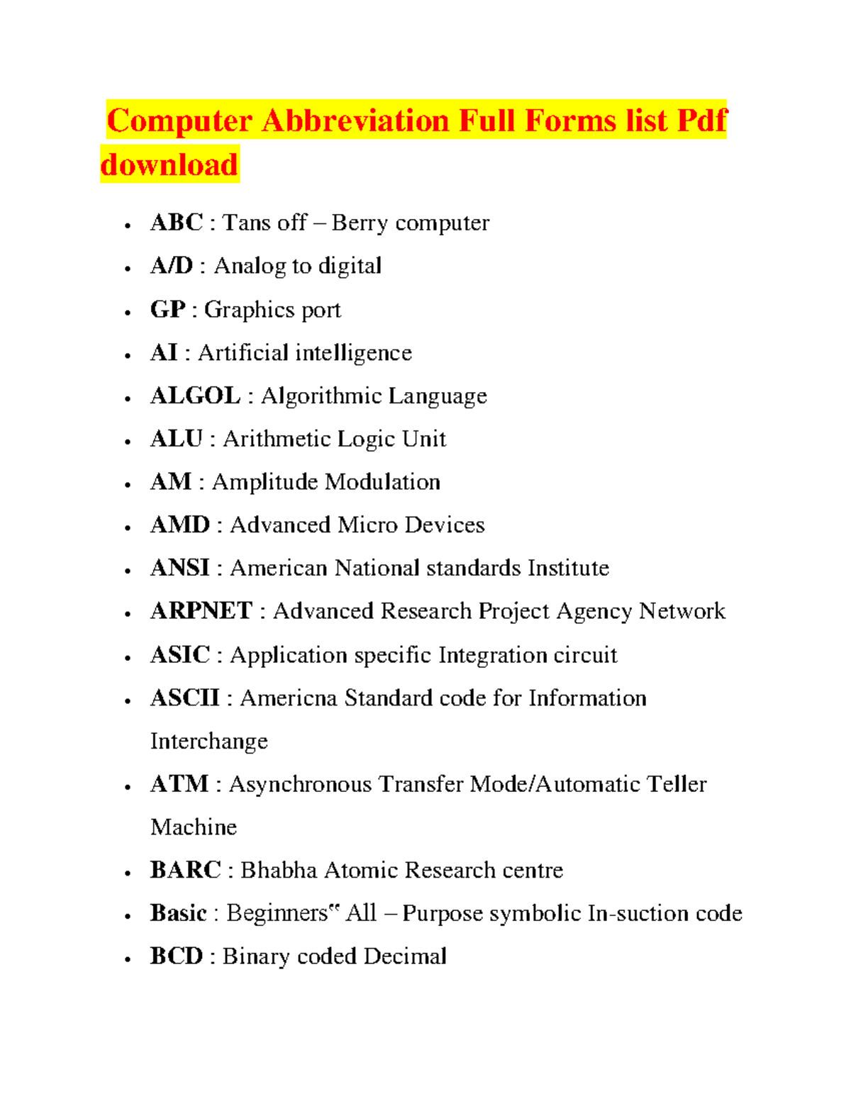 Computer Abbreviation Full Forms list Pdf download - Studocu