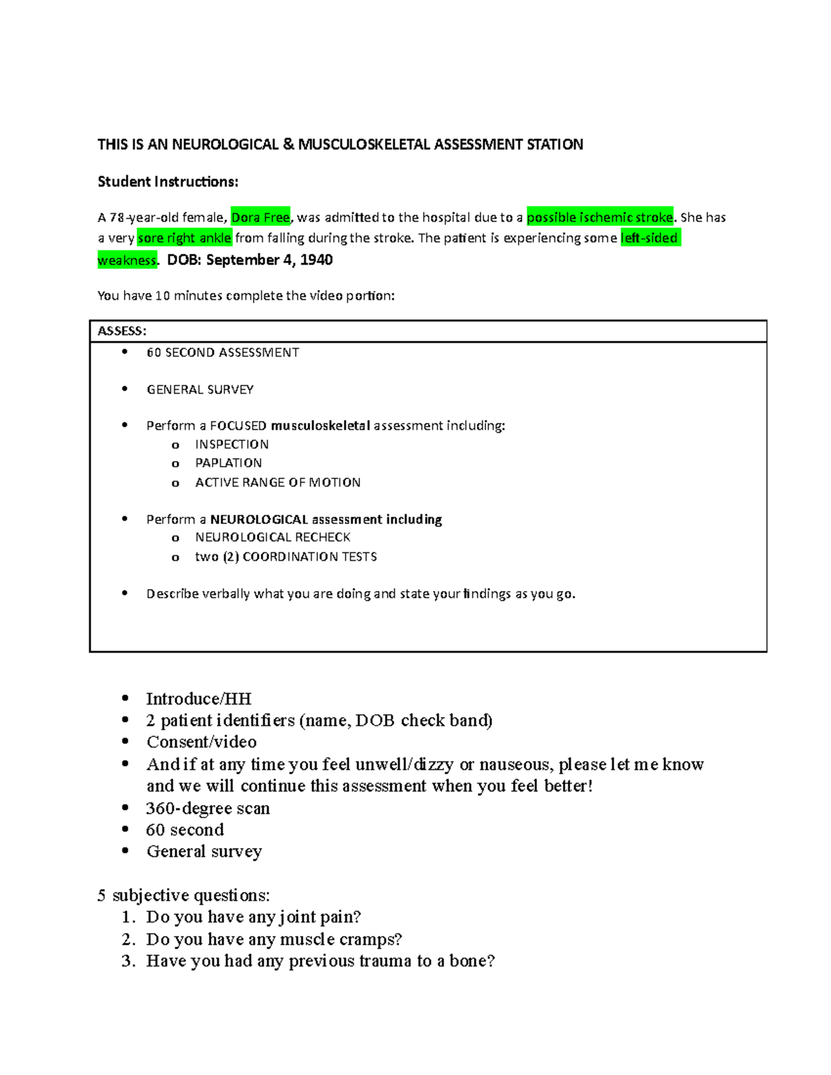 OSCE practice scenario - THIS IS AN NEUROLOGICAL & MUSCULOSKELETAL ...