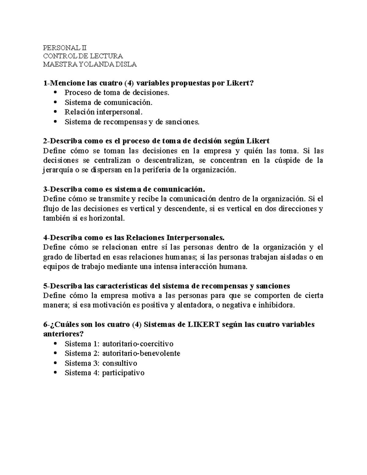 Control 4 - PERSONAL II CONTROL DE LECTURA MAESTRA YOLANDA DISLA 1 ...