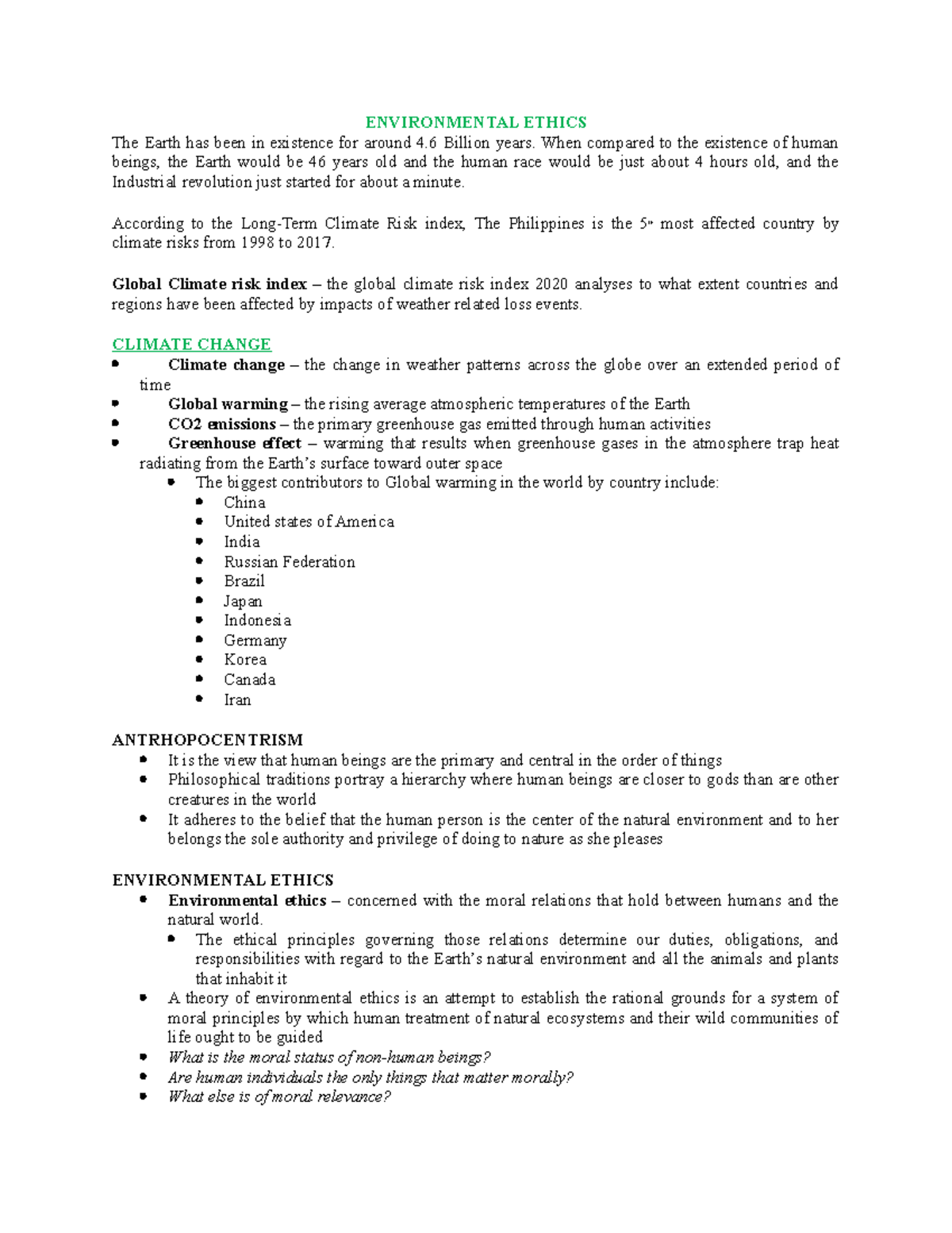 Environmental E Thics Reviewer - ENVIRONMENTAL ETHICS The Earth has ...