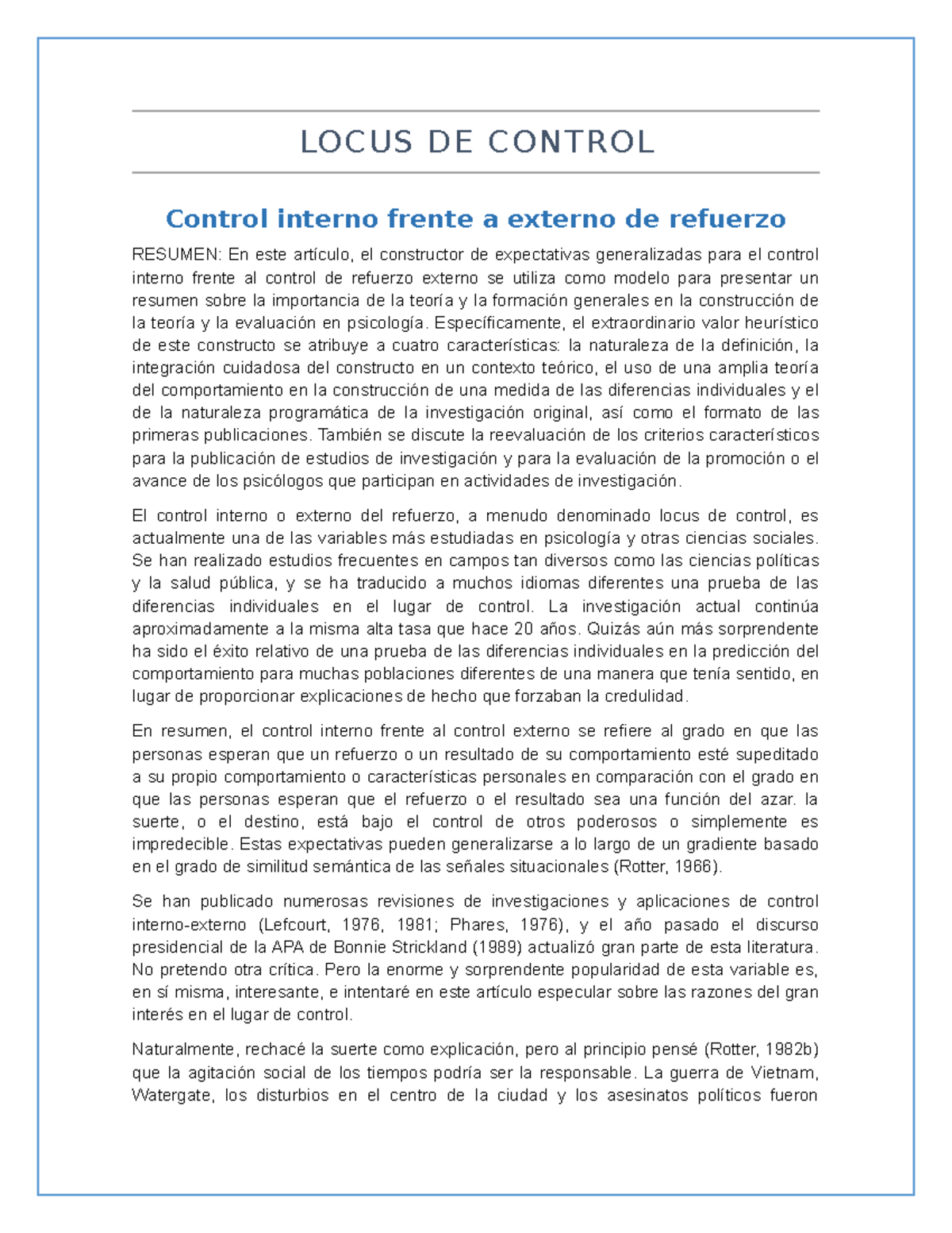 Locus DE Control - LOCUS DE CONTROL Control interno frente a externo de ...