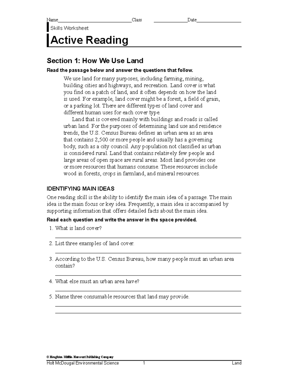 Active Reading How We Use Land - Name ...