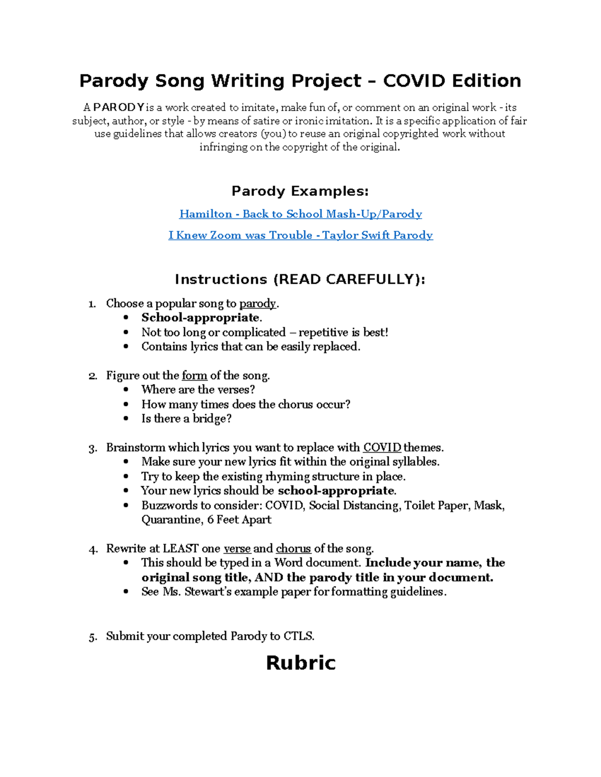 Kali Dietz - Copy of Parody Song Writing Project - Parody Song Writing ...