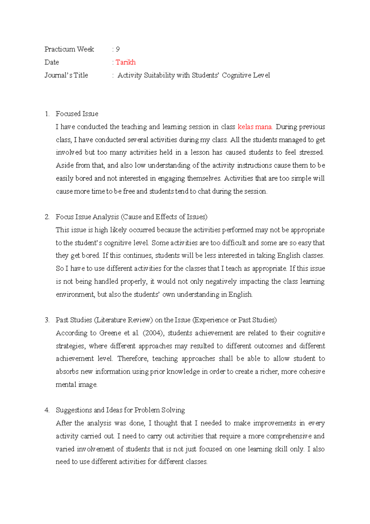 Sample Reflective Journal - Practicum Week : 9 Date : Tarikh Journal’s ...